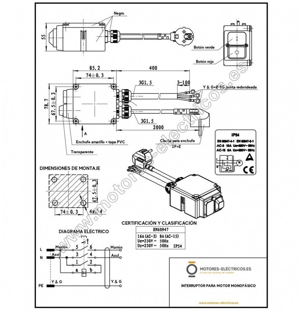INTERRUPTOR PARA MOTOR MONOFASICO MARCHA / PARO DE 2 POLOS + TIERRA