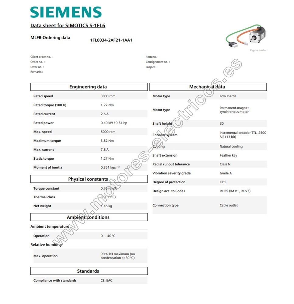 SERVOMOTOR SIEMENS SIMOTICS S-1FL6 AC SINCRONO 230V 400W SINAMICS V90 ...